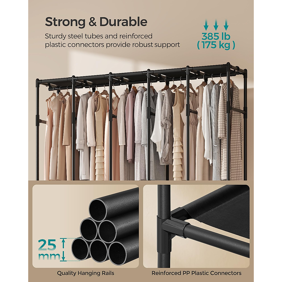 SONGMICS Wardrobe Closet, 83.5 Inch Large Capacity Portable Closet, Clothing Rack, 25 mm Dia,Thick Steel Tubes, Clothes Organizer with Fabric Cover, 5 Hanging Rails, 10 Shelves, Ink Black URDR095B01