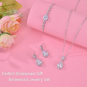 DHQH 4PCS Wedding Jewelry for Bridesmaid Cubic Zirconia Teardrop Necklace Earrings Bracelet Ring Set Bridesmaid Jewelry Set for Women Party Jewelry Gift