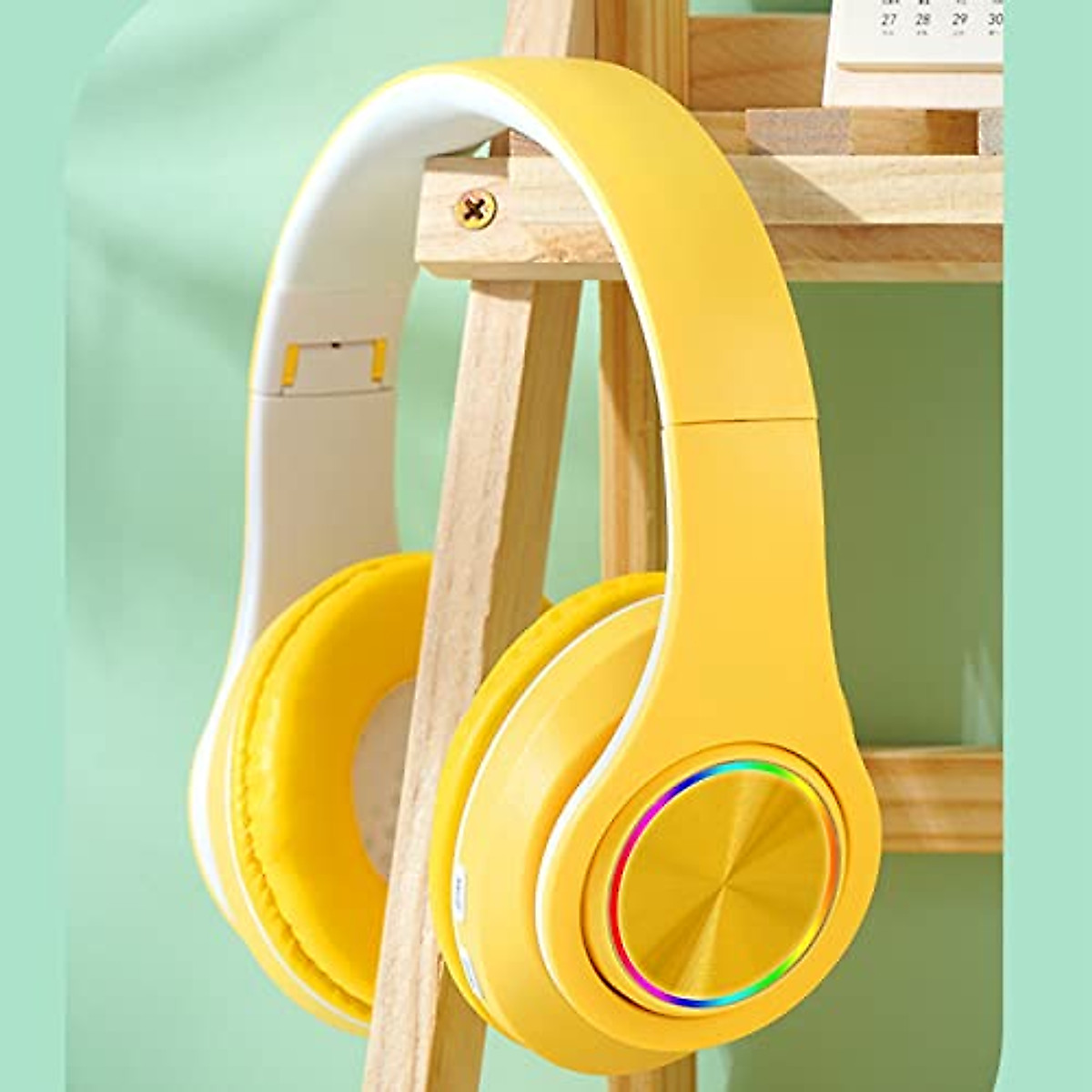 Cryfokt Noise Reduction Bluetooth Headset for Kids, Foldable Over Ear Headphone Wireless Wired Headphones with Colorful Light for Phone, Laptop, Tablets, Online Learning(Yellow)