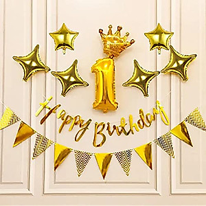 WEIKA 1st Birthday Decorations First Birthday Party Kit 32 Inch Number 1 Balloon 3D Letters Happy Birthday Banner Crown Foil Balloon Star Aluminum Ballons For Baby Shower Boys Girls Birthday(Gold)