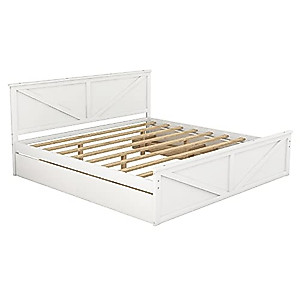 RORIGAT King Size Platform Bed with 4 Storage Drawers, Wooden Bedframe w/Headboard and Support Legs, for Livingroom, Bedroom, Guestroom, No Box Spring Needed, White