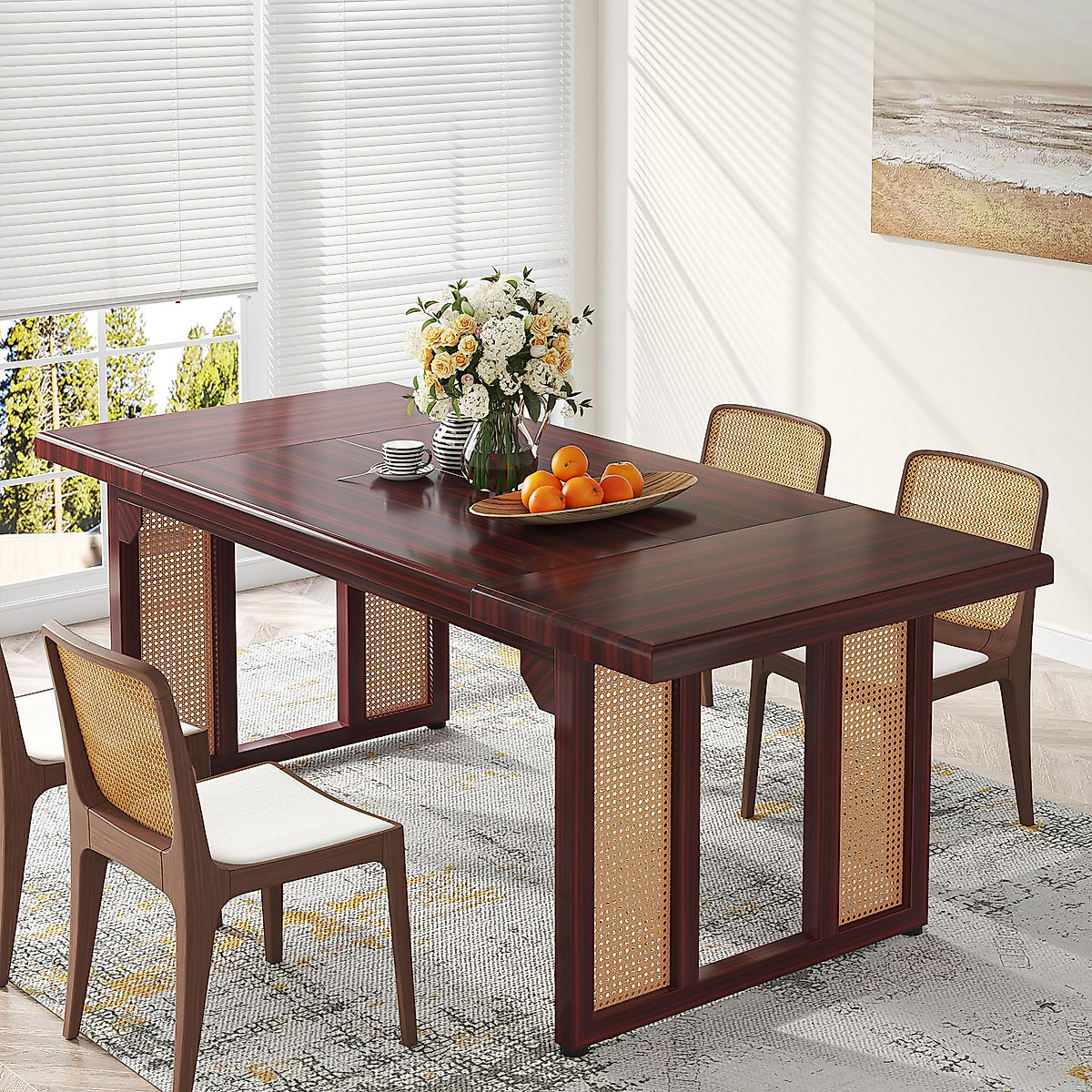 Tribesigns 70.87 Inch Dining Table for 6-8, Rectangular Kitchen Table, Rustic Dining Room Table with Rattan Frame, Large Dinner Table for Dining Room, Kitchen, Deep Walnut