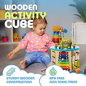 KIDDERY TOYS Wooden Activity Cube for Toddlers 1-3 with Bead Maze - Birthday Gift Busy Baby Activity Cube for 6-Month-Old Baby