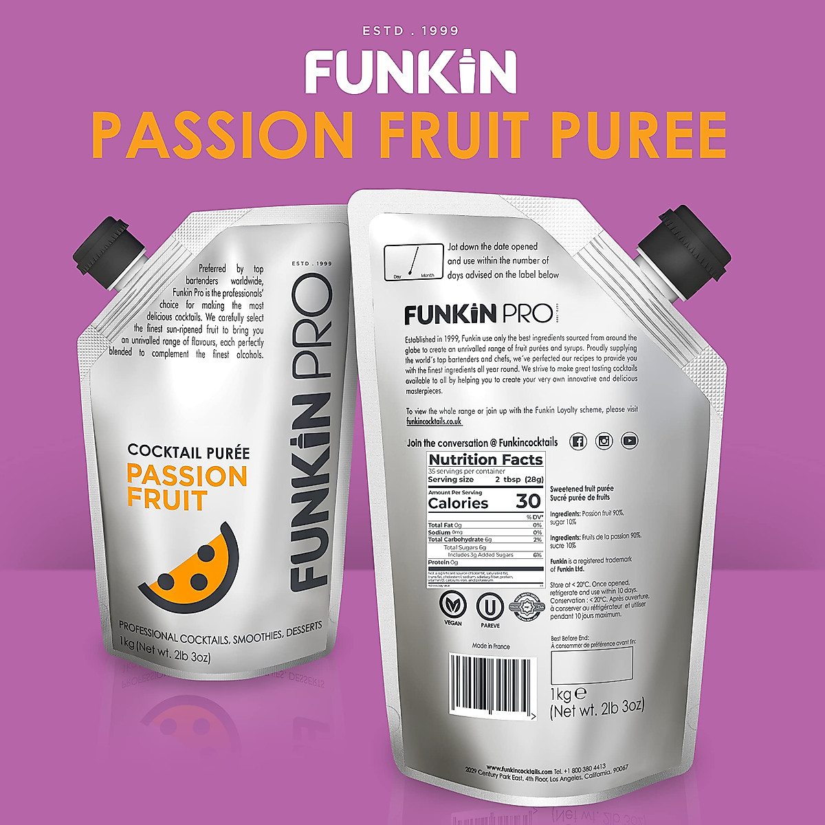 Funkin Passion Fruit Puree | Real Fruit, Two Ingredient, Natural Mixer for Cocktails, Drinks, Smoothies | Vegan, Non-GMO, Gluten-Free (2.2 lbs)
