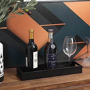 MyGift 16-inch Metal Matte Black Decorative Tray, Rectangular Narrow Serving Tray with Cutout Handles