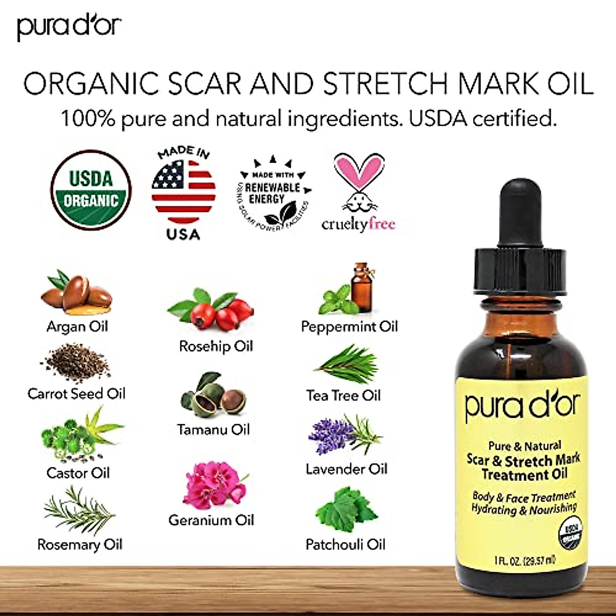 PURA D'OR Organic Scar & Stretch Mark Treatment Oil (1oz) For Skin - With Rosehip, Wheat Germ, Argan, Tamanu, Carrot, Rosemary, Lavender, Geranium, Patchouli, Sage
