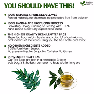 Premium 100 Neem Leaf Tea Bags, 100% Natural and Pure from Neem Leaves. Loose Leaf Neem Herbal Tea. Neem Leaf Tea. No Sugar, No Caffeine, No Gluten, Vegan.