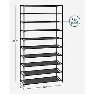 SONGMICS Shoe Rack, 10 Tier Shoe Shelf, Shoe Storage Organizer, Metal Frame, Non-Woven Fabric Shelves, for Entryway, Bedroom, Black ULSR210B02