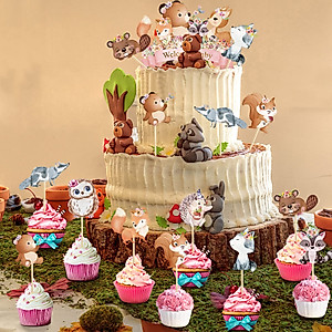 49 Pcs Woodland Cupcake Topper and Cake Topper Animal Floral Woodland Baby Shower Decorations Welcome Baby Deer Bear Creatures Theme Woodland Party Supplies for Baby Girls Boy Birthday