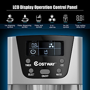 COSTWAY 2 in 1 Countertop Ice Maker with Built-in Water Dispenser, Produces 36 lbs Ice in 24 Hours, Ready in 6 Mins, with LCD Control Panel, Portable Ice Cube Machine for Home, Bar, Party (Silver)