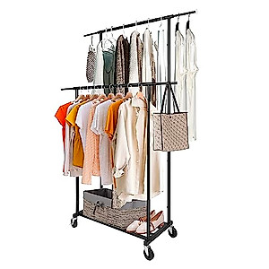 Fishat Simple Standard Freestanding Double Rod Clothing Metal Garment Rack for Hanging Clothes, Rolling Clothes Organizer on Lockable Wheels Mobile, with 2 Hooks (Black)