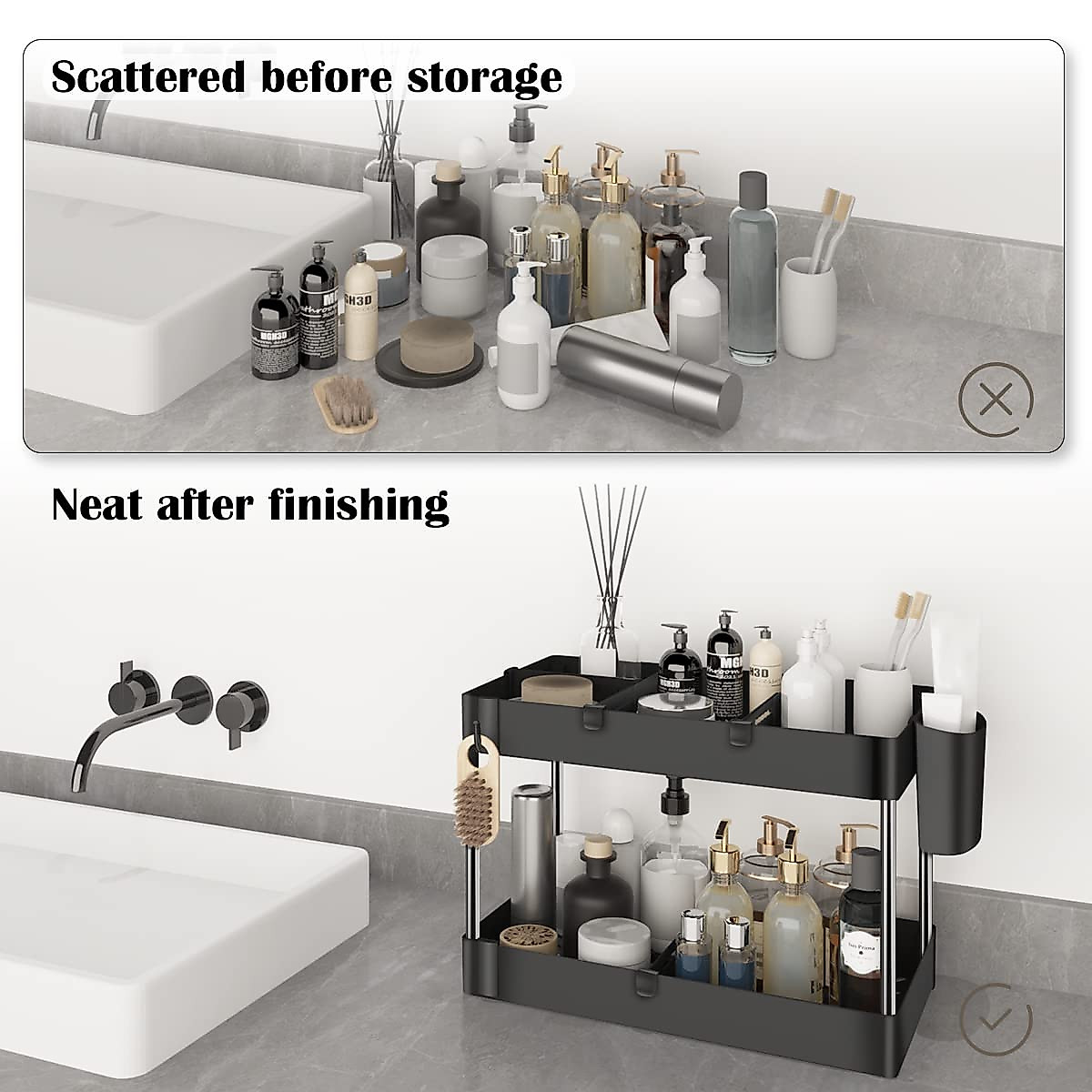 [ 2 Pack ] Under Sink Organizers and Storage, 2 Tier Bathroom Organizer Under Sink Shelf with 4 Removable Dividers , Kitchen Cabinet Storage Caddy Bath Counter Basket with Hooks Dividers Hanging Cups