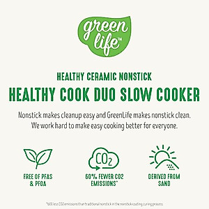 GreenLife 6 Quart Ceramic Slow Cooker, PFAS-Free, Programmable, Removable Healthy Nonstick Pot for large families, Sear on Stovetop, Keep Warm, Digital Timer, Dishwasher Safe Glass Lid & Crock, Black
