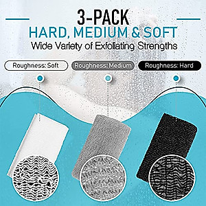 Soft, Medium & Hard (3pc) Exfoliating Washcloth Variety Pack (11.8" X 35.4") Body Wash Nylon Scrub Cloth Back Scrubber Sponge Towel Weave for Bath Shower Beauty Skin Washcloth for Women & Men