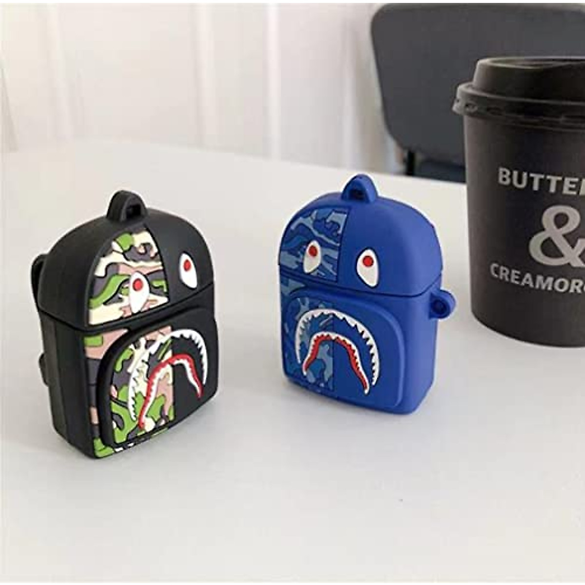 for Airpods 1 & 2 Fashion Shark Backpack Cover, Durable Shockproof Headphone Cover with Keychain Cute and Funny Cover, Cartoon Fashion Cover, 2 Pack