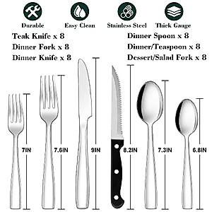 48-Piece Silverware Set with Steak Knife for 8, E-far Stainless Steel Flatware Cutlery Set for Home Kitchen Restaurant, Modern Square Tableware Eating Utensils Set, Mirror Finish, Dishwasher Safe