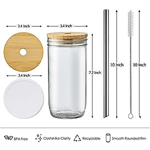 [ 6 Pack ] Glass Cups Set - 24oz Wide Mouth Mason Jar Drinking Glasses w Bamboo Lids & Straws & Airtight Lids - Cute Reusable Boba Bottle, Iced Coffee Glasses, Travel Tumbler for Bubble Tea, Juice