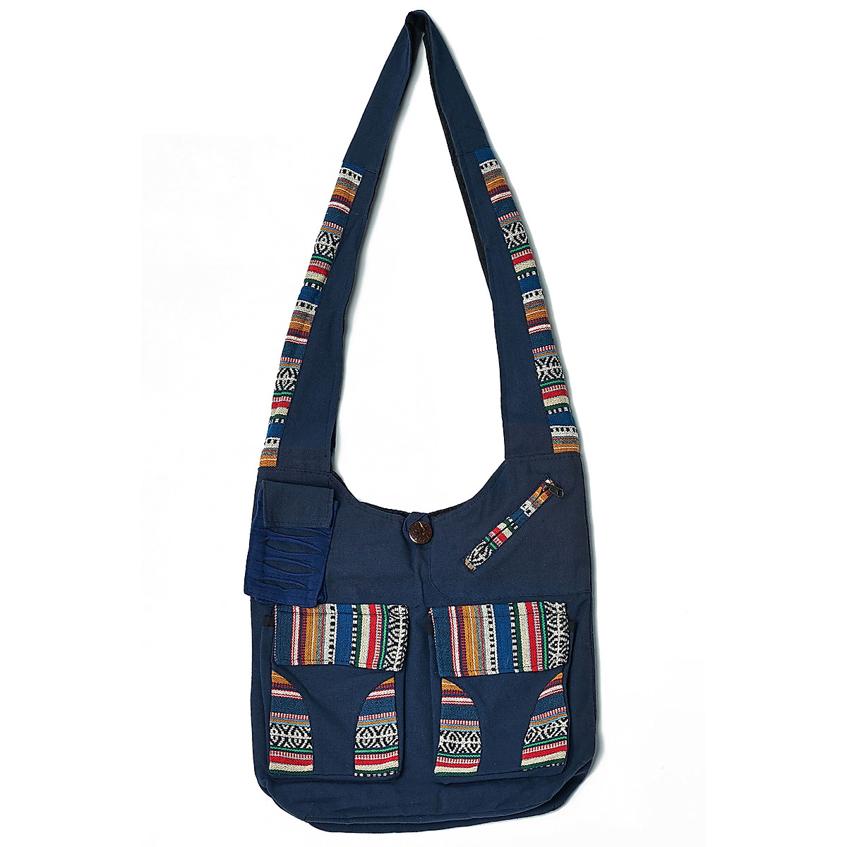Navy Blue Cross Body Shoulder Bag with Woven Tribal Accent Design Large