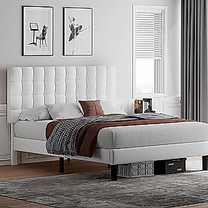 iPormis Full Size Platform Bed Frame, Faux Leather Upholstered Bed Frame with Square Tufted Headboard, Wood Slats Support, No Box Spring Needed, Easy Assembly, White