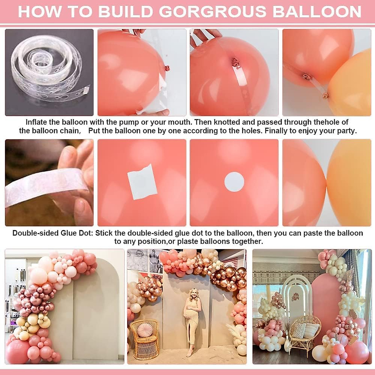Pink Balloon Arch Kit, 120pcs Macaron Pink Balloon Garland Arch Kit, Orange Apricot and Metallic Rose Gold Balloon for Girls Boho Balloon Arch for Baby Bridal Shower, Birthday Party and Princess Theme