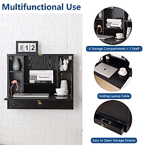 Wall Mounted Table, Folding Laptop Desk Wall-Mount Writing Desk with Storage Shelves & Drawer, Wall Mounted Desk for Home, Office, Small Spaces(Black)