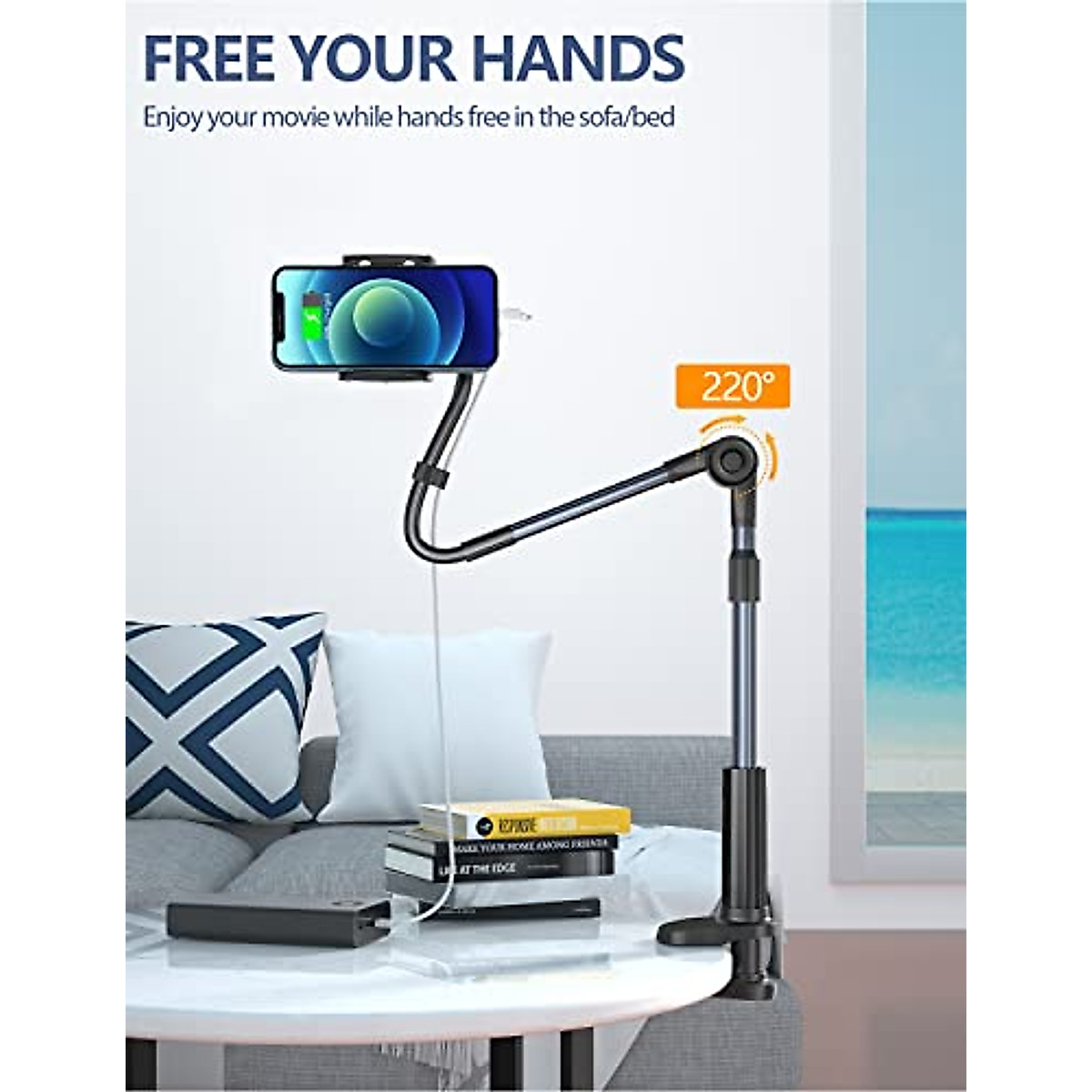 PEMOTech Gooseneck Phone Holder Stand for Bed, Flexible Arm Cell Phone Stand Clamp on Desk, 360° Rotation Horizontally + 220° Rotation Up and Down, Compatible with 4"-7" Devices