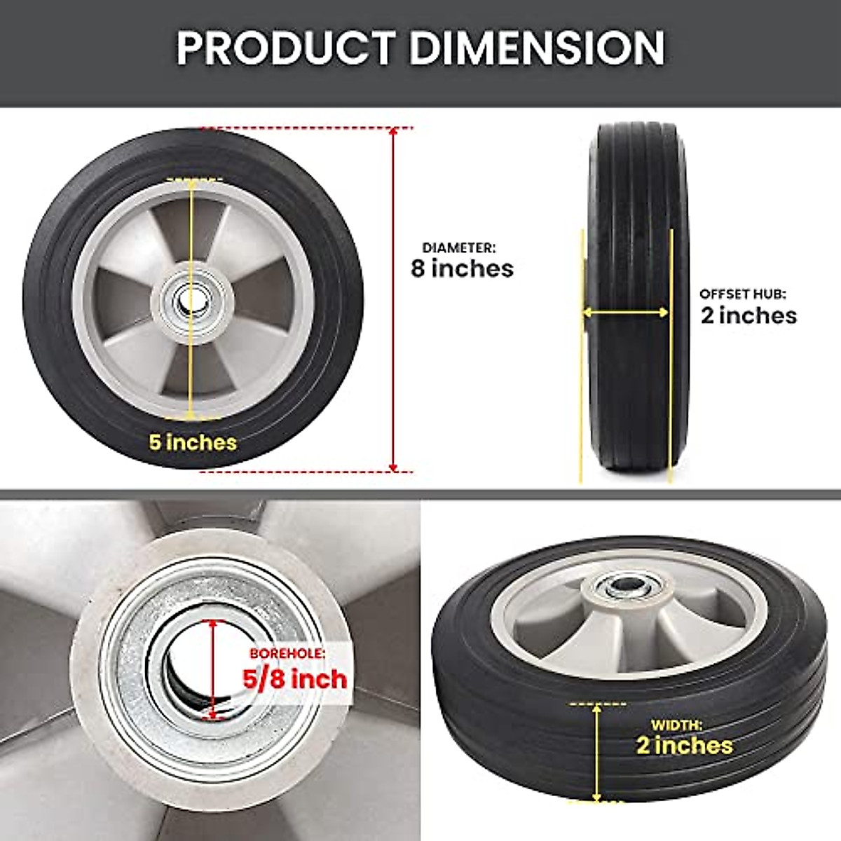 AR-PRO (2- Pack) Run-Flat Solid Rubber Replacement Tire 8" x 2'' with a 5/8" axle for Hand Trucks, Wheelbarrows, Dollies, Trolleys and More – Run Flat with 580 lbs Max Load