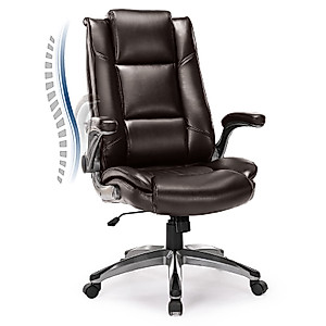 Executive Office Chair High Back-Ergonomic Desk Chair Bonded Leather Computer Chair with Flip-up Arms, Adjustable Tilt Tension, Padded Armrests, Swivel Rolling Home Office Desk Chair-Brown, 300lbs