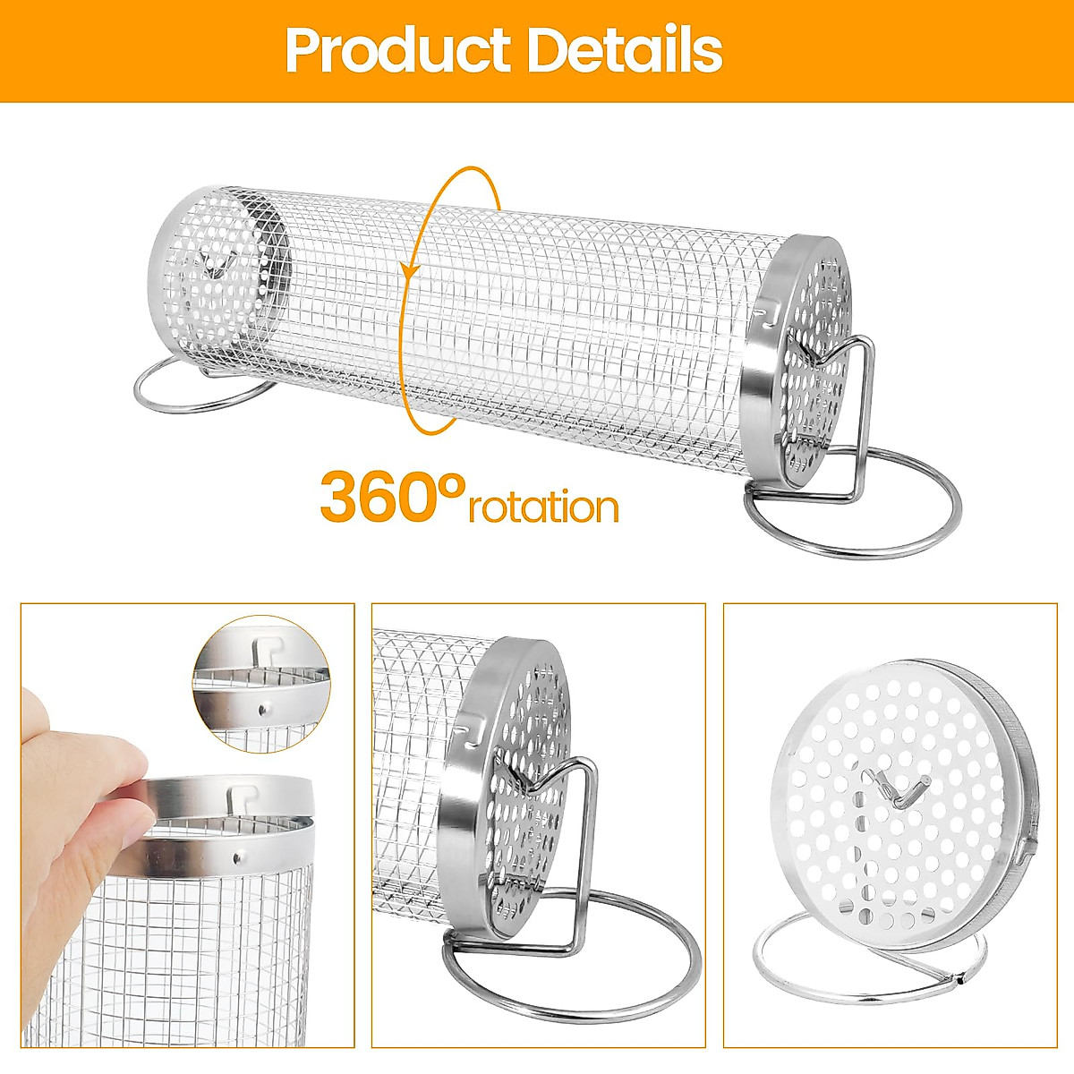 [2 PCS]BBQ Grill Basket - Rolling Grilling Baskets for Outdoor Grilling,Grill Baskets for Outdoor Grill Vegetables,Round Grill Basket,Barbecue Grill Vegetable Basket for Veggies,Fish,Jalapeno,Cylinder