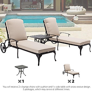 Luccalily Chaise Lounge Outdoor Chair with Side Table, Adjustable Reclining Rust-Resistant Aluminum Cast Poolside Chaise with Convenient Wheels, Outdoor Lounge Furniture Set of 3, (Beige)