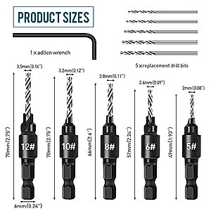 Countersink Drill Bit Set, 5Pcs Quick Change 1/4" Hex Shank Adjustable Countersink Set, 5pcs Free Replaceable Drill Bits with One Hex Wrench, Woodworking Countersink Drill Bits