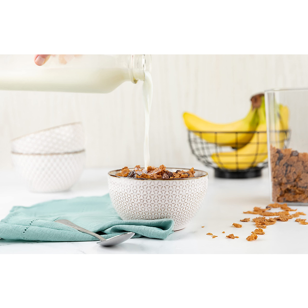 KooK Ceramic Cereal Bowls, Embossed, for Yogurt, Dessert and Poke, Microwave & Dishwasher Safe, Cream with Dark Copper Accents, Set of 4, 22 oz, Narbonne Collection