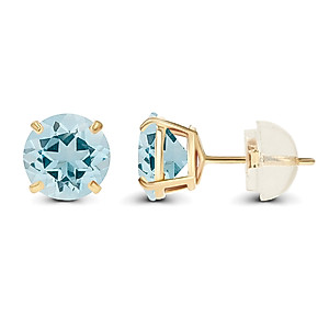 10K Yellow Gold 4mm Round Aquamarine Stud Earring
