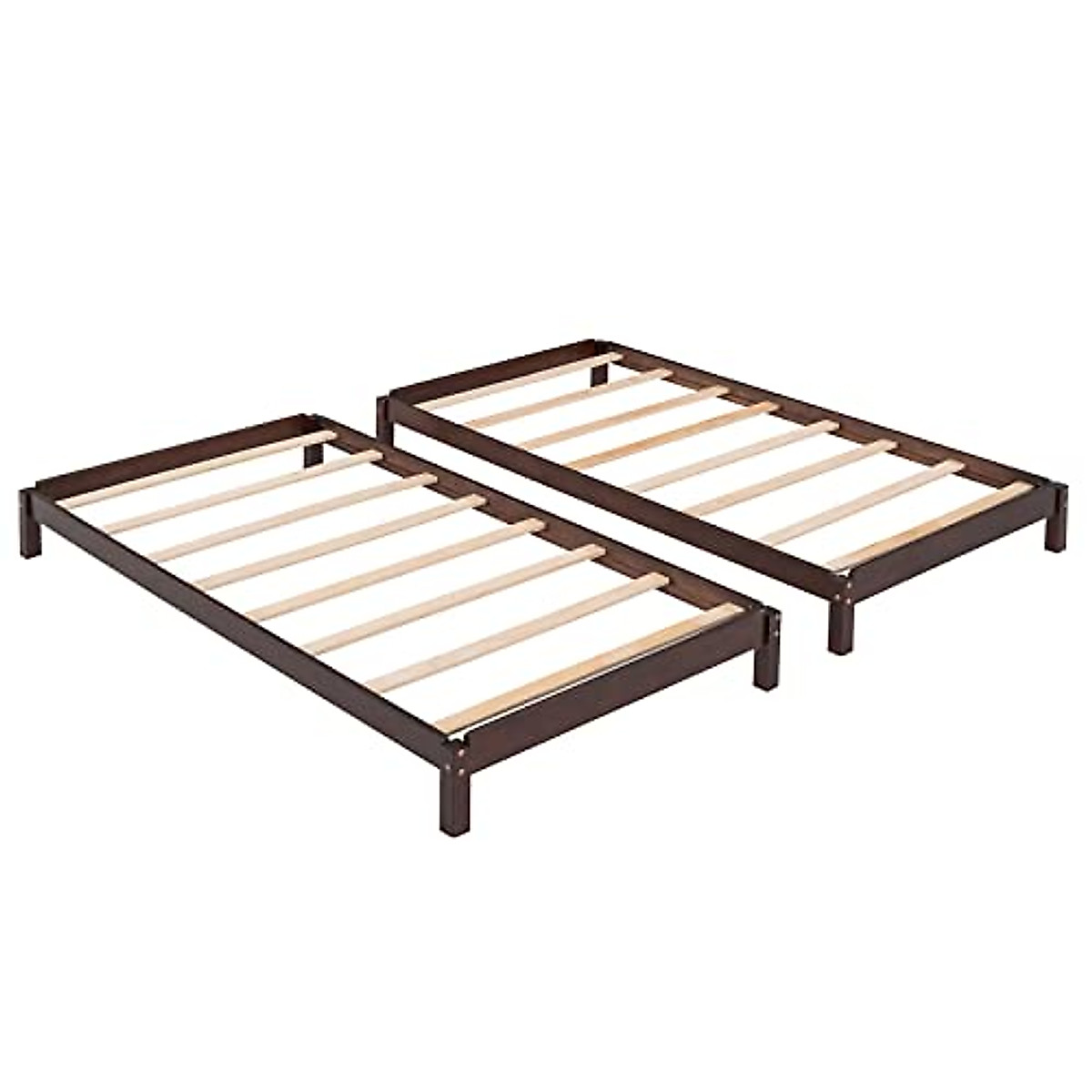 Solid Platform Bed Twin Size Wood Stackable Twin Beds with Wooden Slats Convertible Floorbed Frame Without Headboard for Kids Girls Boys Teens, No Box Spring Needed – Two Beds Set, Walnut