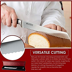 Saken Serrated Bread Knife 10 Inch - High-Carbon German Steel Serrated Knife with Ergonomic Black Pakkawood Handle and Full-Tang Design - Long Bread Knife Slicer Great for sourdough