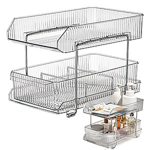 Shelfing Cart, Extensive Under Sink Shelf, Effortless Kitchen Storage Racks, 2-Tier Clear Kitchen Storage Rack, Secure Kitchen Pantry Organizers, 2-tier Stackable Storage Shelves for Kitchen Use