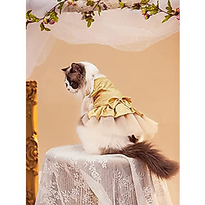 QWINEE Bow Decor Dog Dresses,Sweet Princess Cat Dress Puppy Skirt,Dog Mesh Cake Tutu Dress,Birthday Wedding Party Pet Clothes for Cat Small Medium Dog Doggie Girl Gold X-Small