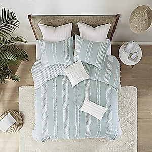 INK+IVY Kara 100% Cotton Duvet Mid Century Modern Design, All Season Comforter Cover Bedding Set, Matching Shams, King/Cal King, Jacquard Stripes Aqua 3 Piece
