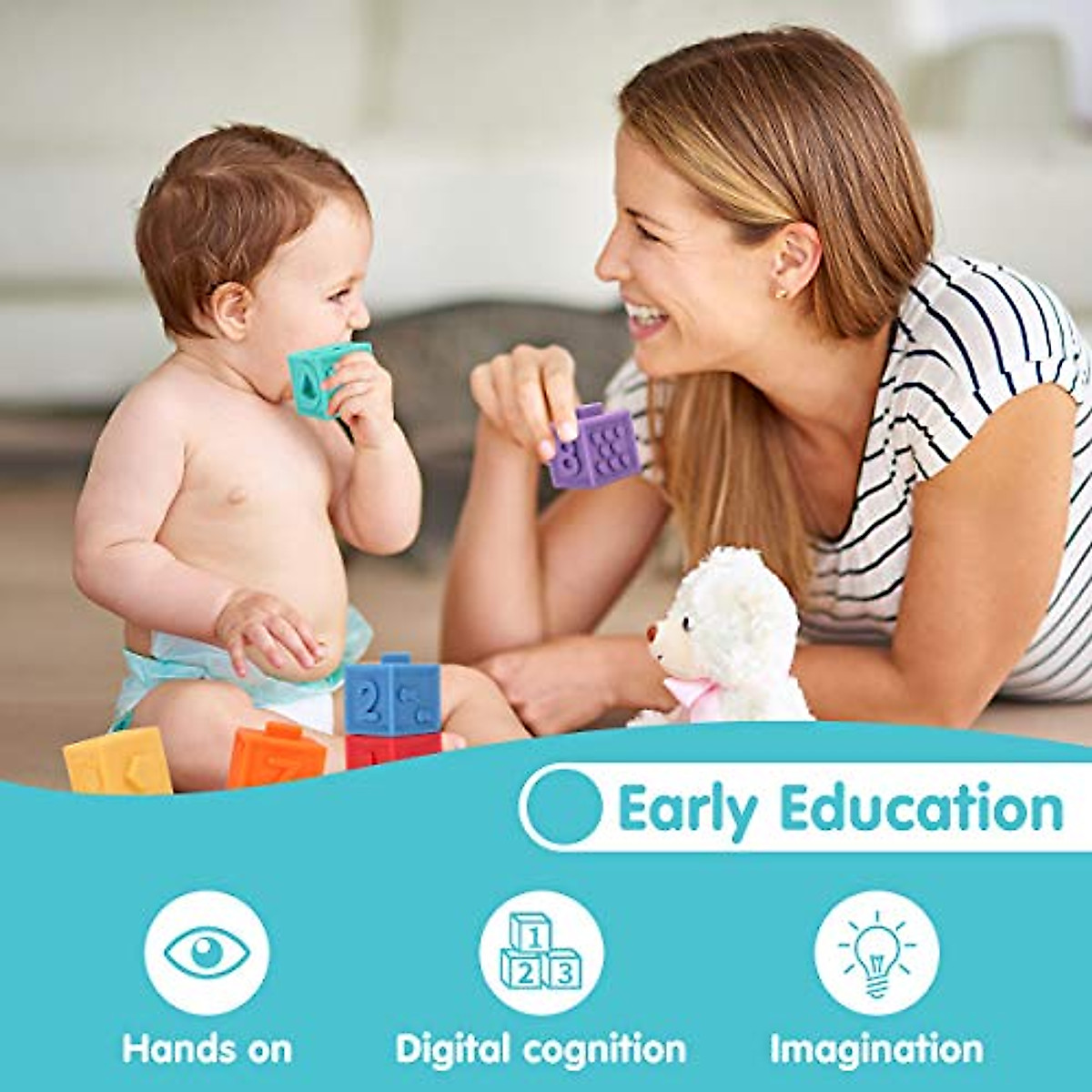 GILOBABY 12 PCS Baby Soft Blocks Set, Toddler Silicone Building Blocks Squeeze Stacking Toys with Animal Shape Fruit Number, Ideas Educational Toy Birthday for Baby Toddler Children