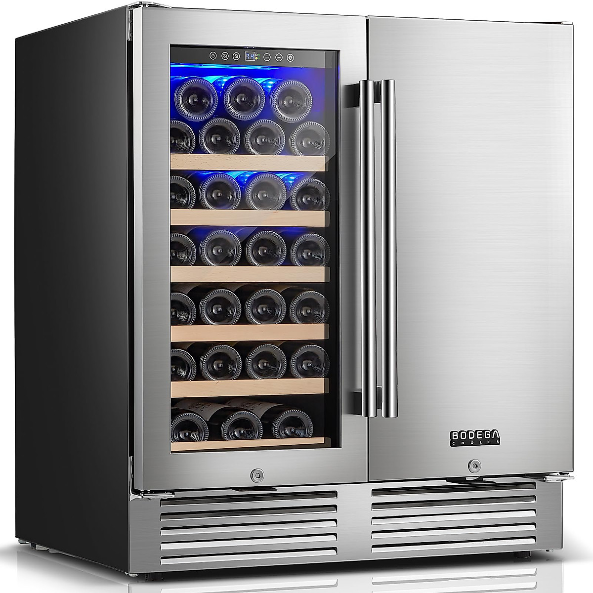 BODEGACOOLER 30 Inch Wine and Beverage Refrigerator,Dual Zone Wine Beverage Cooler with French Door,Under Counter Freestanding Wine Beer Fridge,Hold 31 Bottles and 100 Cans with Safety Locks