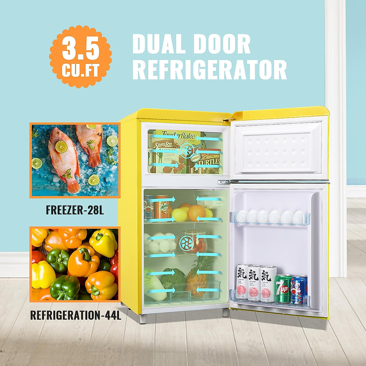 WANAI Mini Fridge Dual Door Refrigerator with Freezer 3.5 Cu.Ft, Compact Refrigerator with Adjustable Temperature & Removable Glass Shelves, Fridge for Apartment/Dorm/Office/RV, Yellow