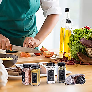 CUCUMI 48pcs Glass Spice Jars with Labels, 4oz Empty Square Spice Bottles with Shaker Lids, Black Airtight Metal Caps Collapsible Funnel Chalk Pen Seasoning Containers for Spice Rack Drawer Cabinet