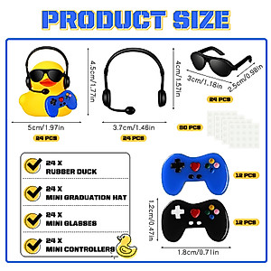 Leitee 24 Sets Video Game Party Favors Rubber Ducks with Mini Headset Glasses and Controllers Cute Bath Rubber Ducks Small Bathtub Accessories Toys for Birthday Swimming Party Favors Decoration