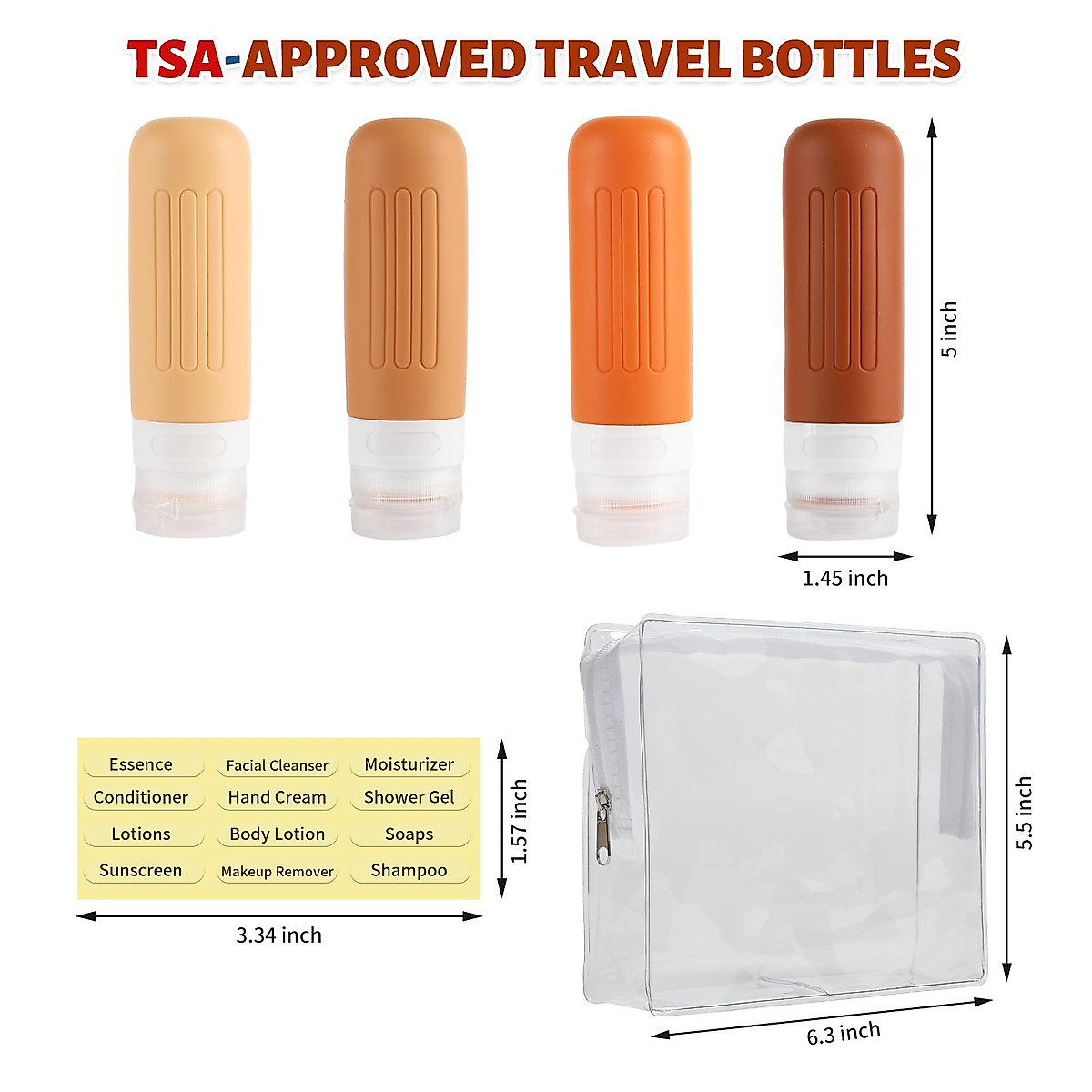 Fuystiulyo 4pcs Silicone Travel Bottles, BPA Free, Leak Proof, TSA Approved, 3oz x 4, Brown