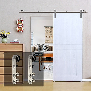 CCJH 5FT Stainless Steel Sliding Barn Door Hardware Track Kit Heavy Duty for Single Wood Door (Round Shape Hanger)