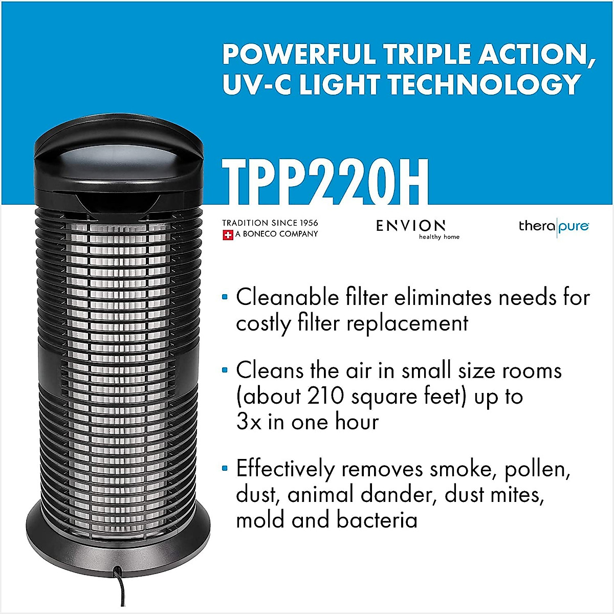 ENVION Therapure TPP220 Small Room Quiet Operating Filter HEPA Air Purifier with 3 Fan Speeds, UV-C Germicidal Light, and Built In Handle, Black