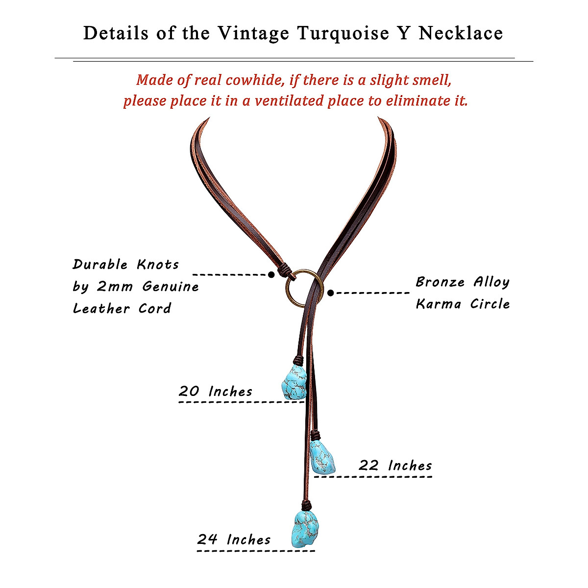 PERNNLA PEARL Bohemian Synthetic Turquoise Necklace Handmade Vintage Y-shaped Jewelry with Genuine Flat Brown Leather