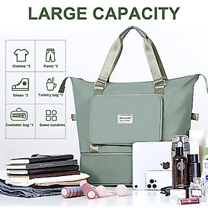 BECOJADDE Double Shoulder Strap Expandable Travel Bag with Wet Compartment, Foldable Carry On Travel Tote Bag, Green