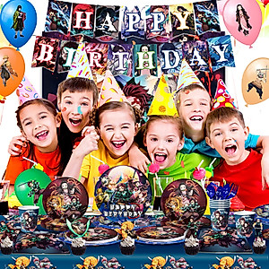 Demon Slayer Birthday Decorations,112pcs Demon Slayer Party Decorations&Tableware Set-Demon Slayer Birthday Banner Balloons Cake Topper Backdrop Plates Cups Tablecloth etc Demon Slayer Party Supplies