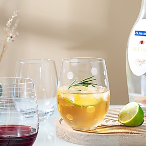 Joeyan Hand Blown Etched Stemless Wine Glasses with Dots Strips Pattern for Red Wine,Large Carved Drinking Glass Cups Tumblers for Wedding Anniversary Party Home,Set of 4,17.5 oz